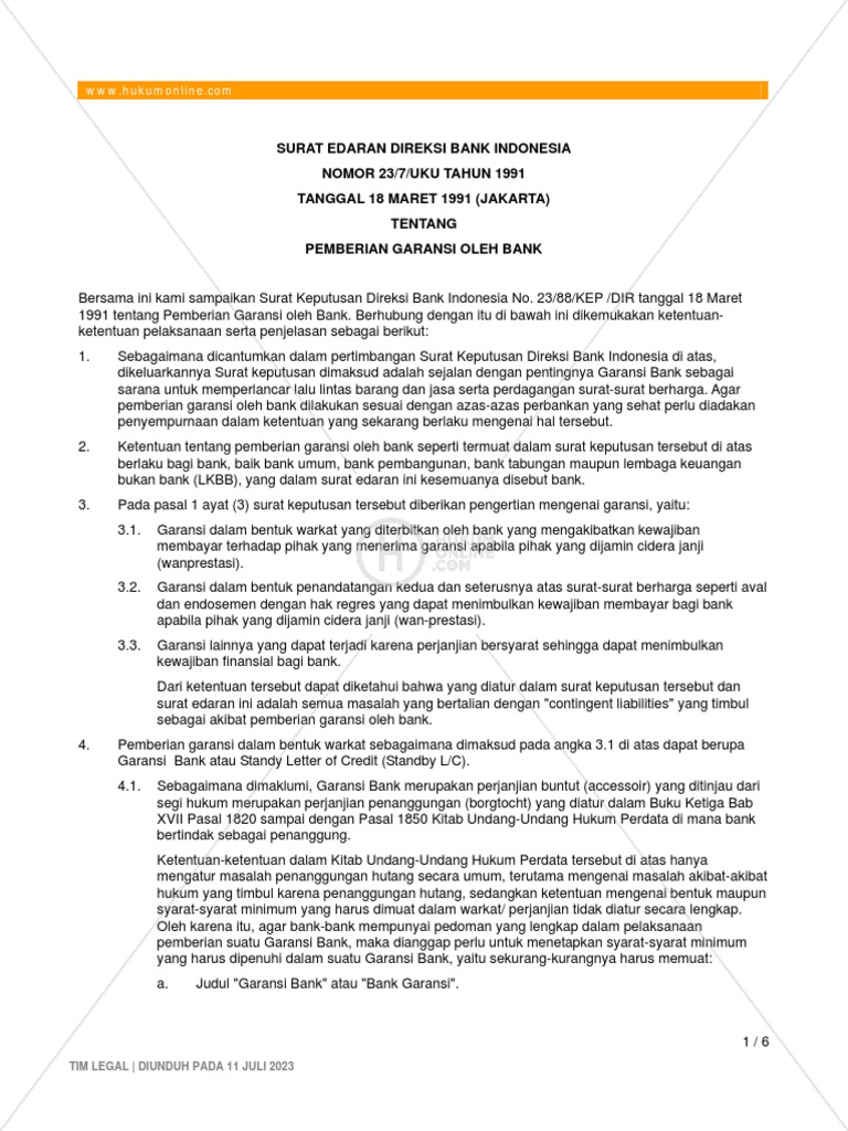 Surat Edaran Direksi Bank Indonesia No.23 - 7 - UKU Tahun 1991-Hukumonline | PDF