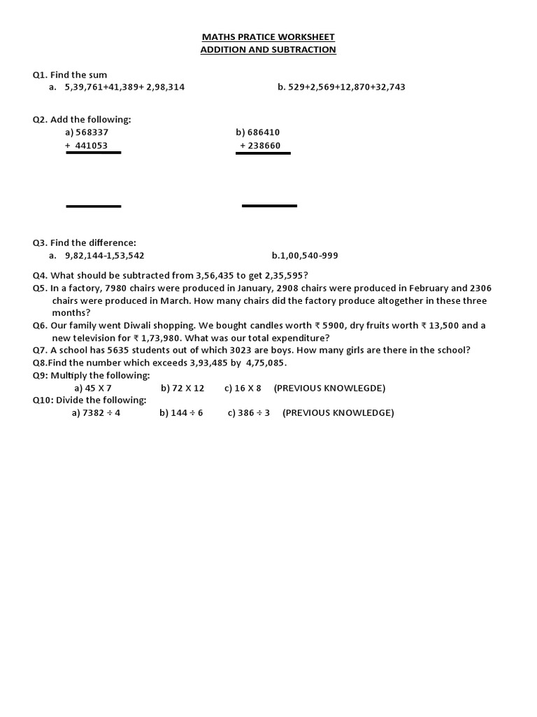 Maths Practice Worksheet | PDF
