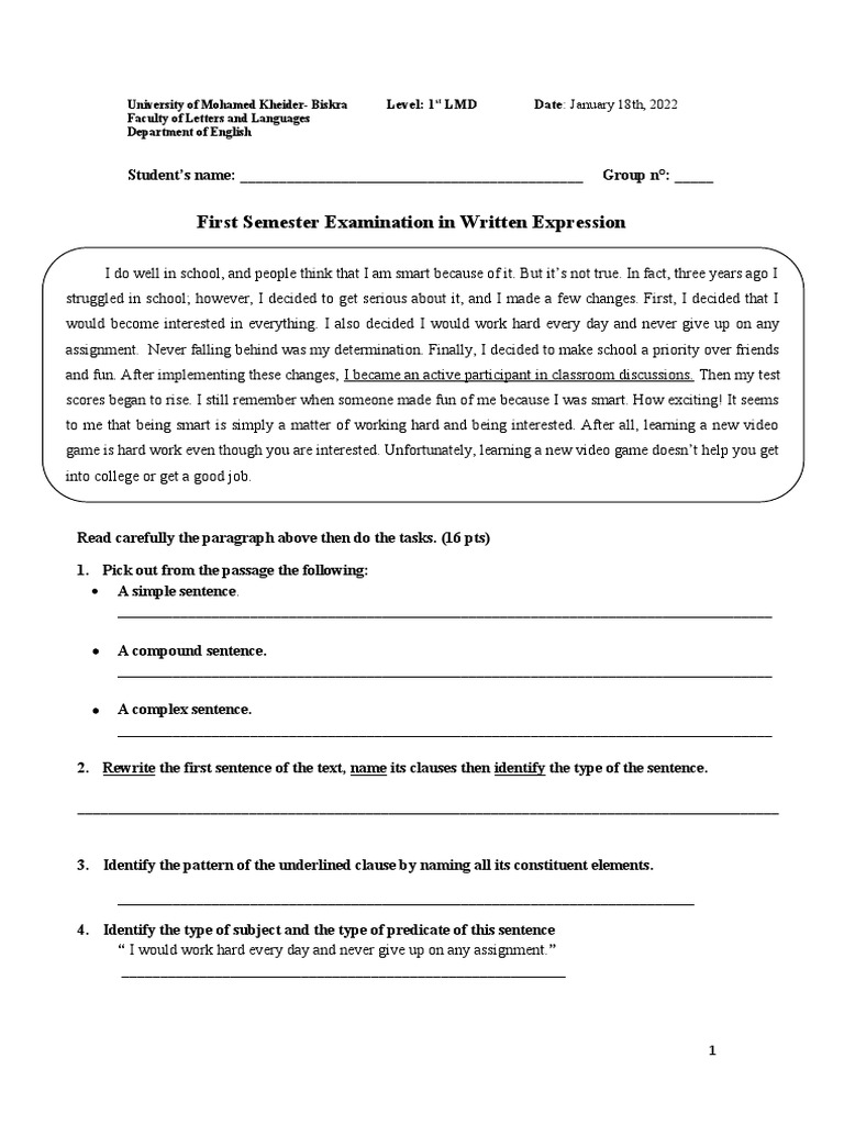 L1 S1 Written Exam 2022 | PDF | Linguistics | Syntax