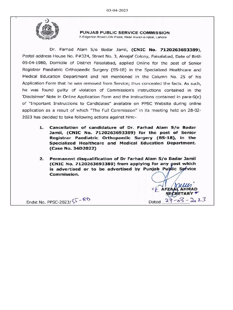 List of Disqualified Candidates 03-04-2023 | PDF