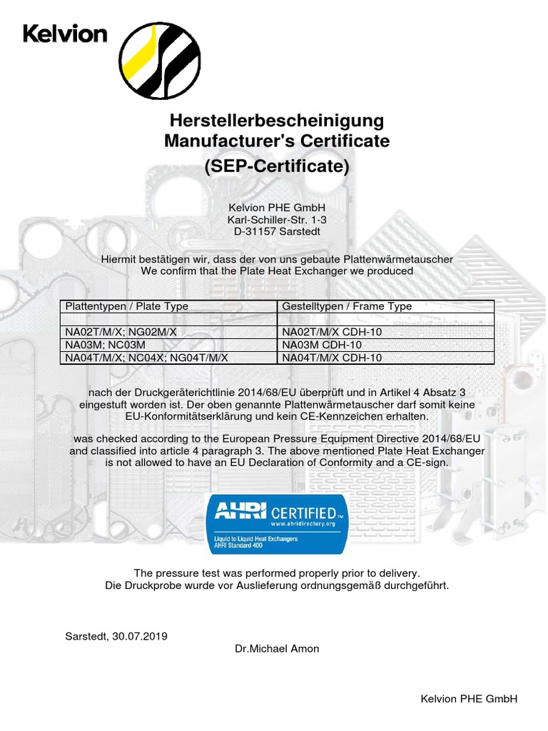 Kelvion Manufacturer Certificate AHRI en | PDF