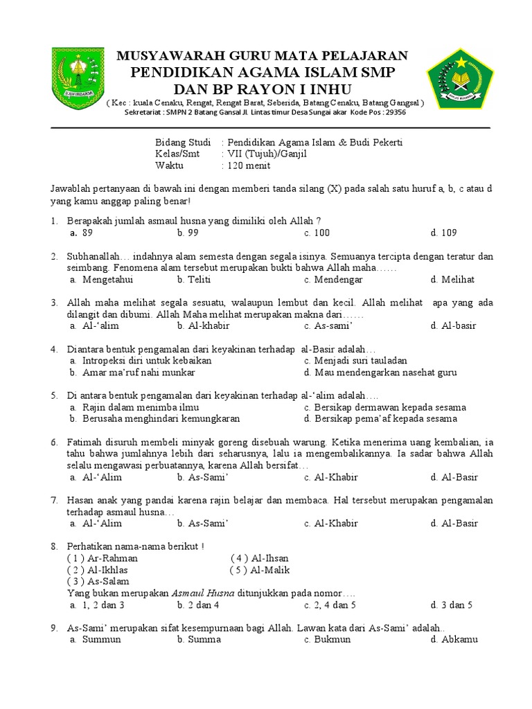 Soal PAI Kelas 7 Sem 1 | PDF | Agama & Spiritualitas