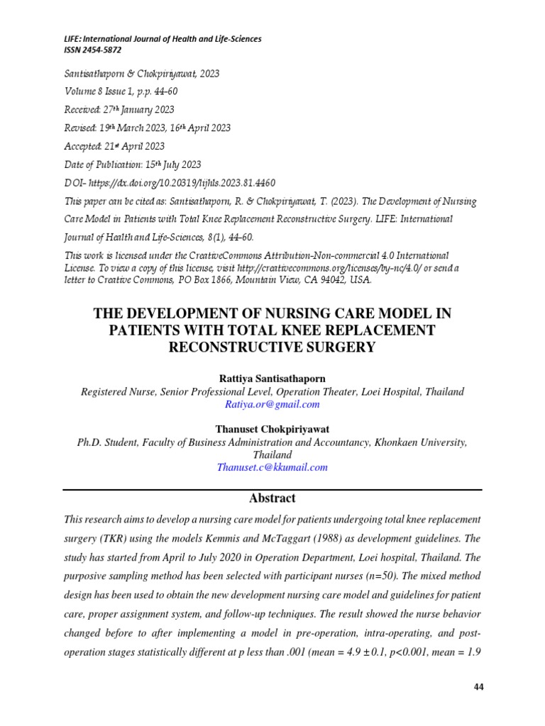 The Development of Nursing Care Model in Patients With Total Knee ...