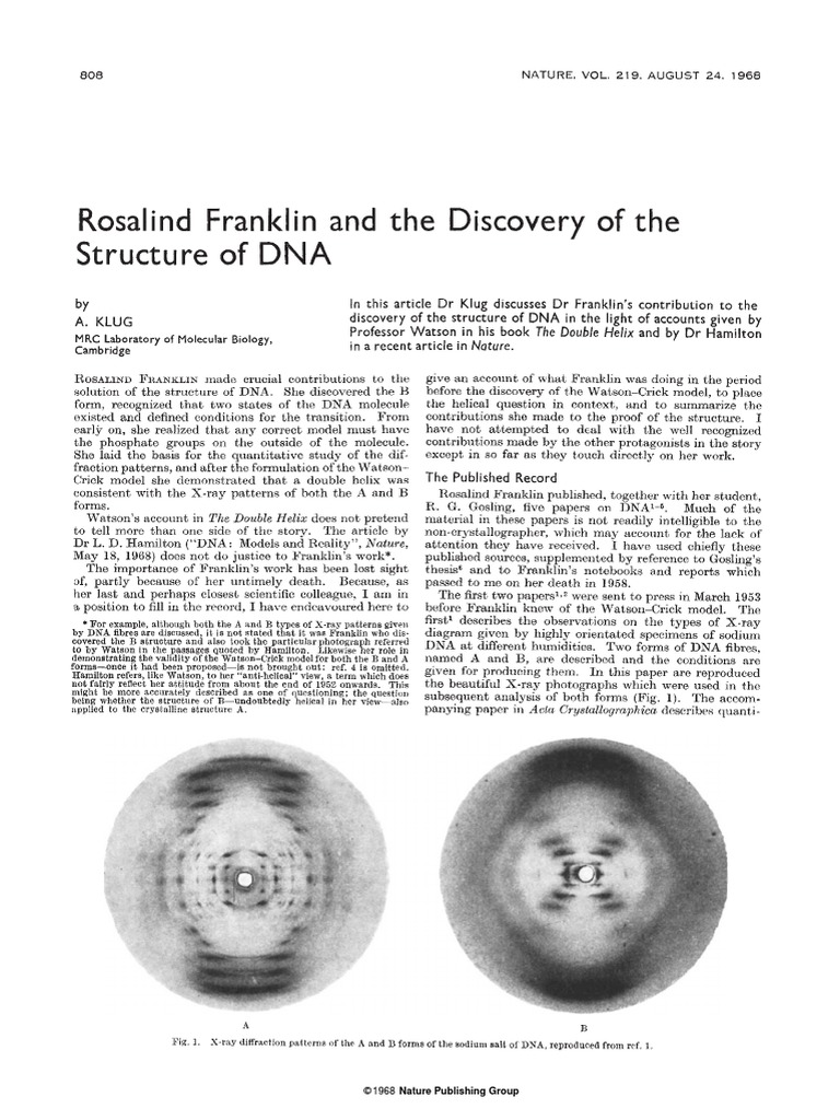Rosalind Franklin and the Discovery of the structure of DNA_Nature 1968 ...