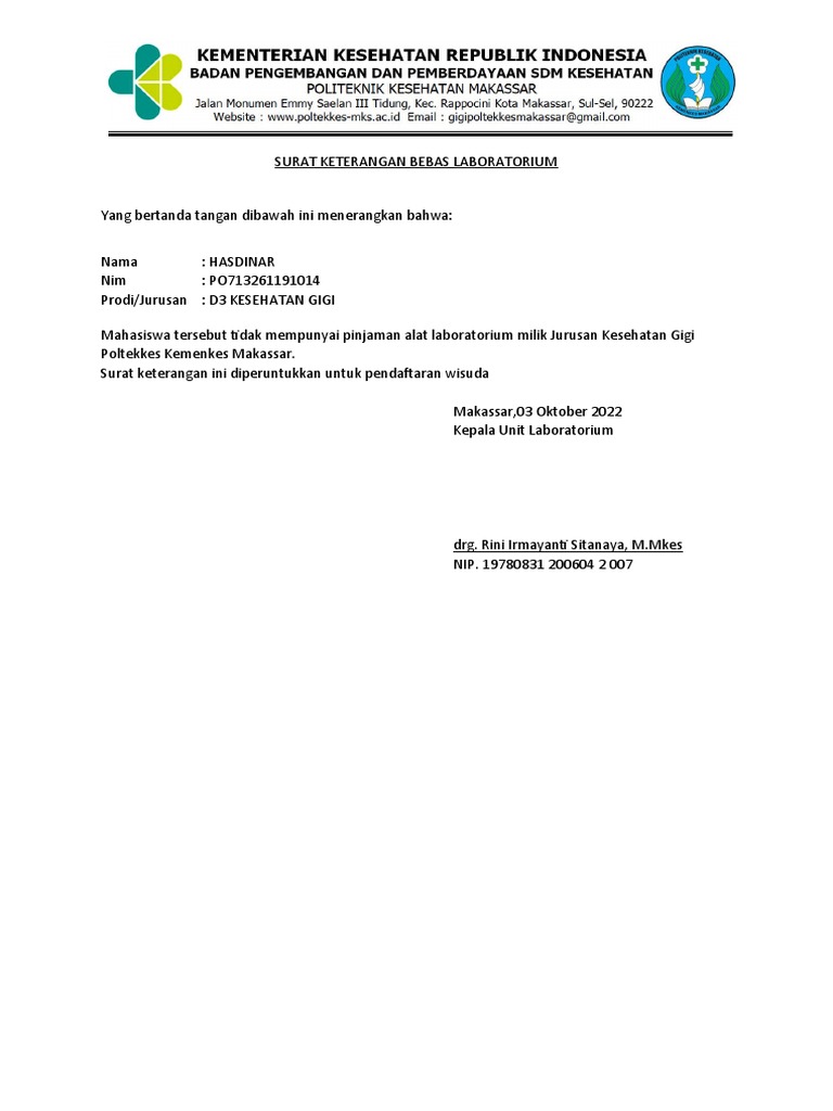 SURAT BEBAS LABORATORIUM (Hasdinar) | PDF