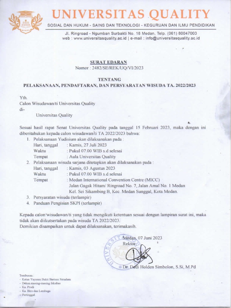 2482 Edaran Pelaksanaan, Pendaftaran, Dan Persyaratan Wisuda UQ 2023 | PDF