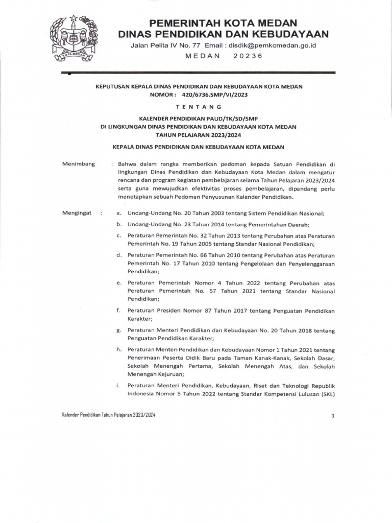 Kalender Pendidikan Kota Medan 2023 | PDF