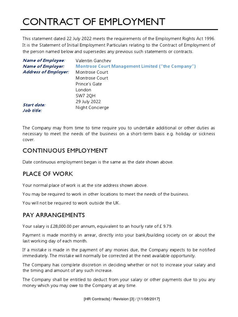 Contract of Employment - Valentin Ganchev - 220729 - 150023 | PDF ...