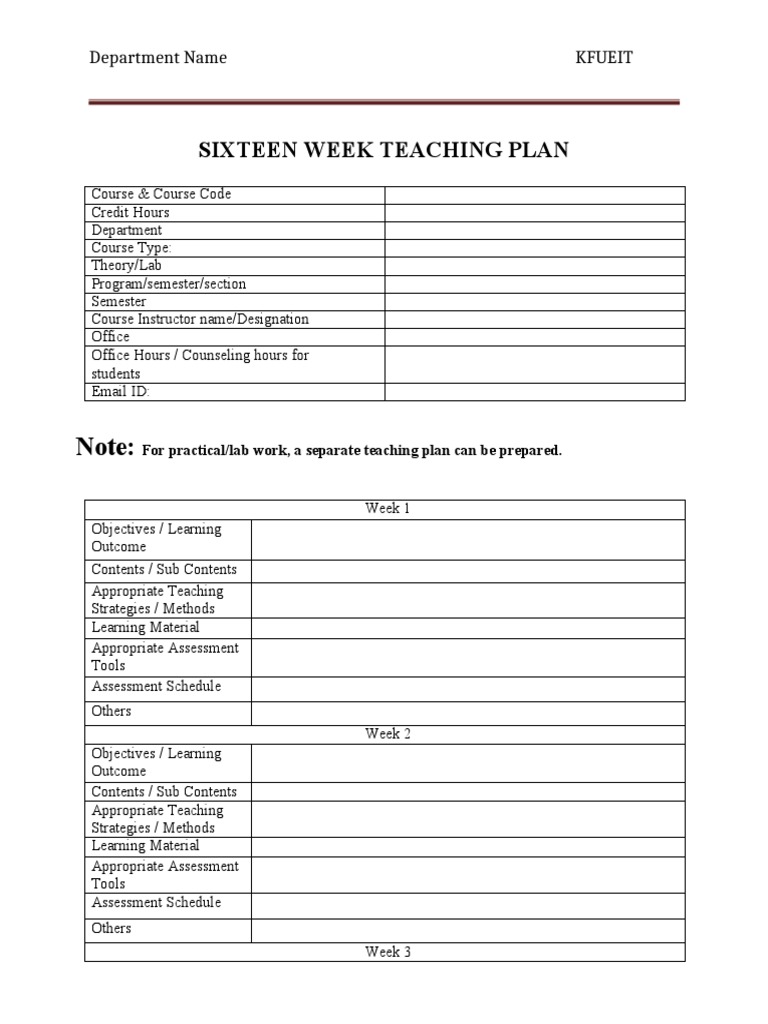 16 Week Teaching Plan | PDF | Course Credit | Learning