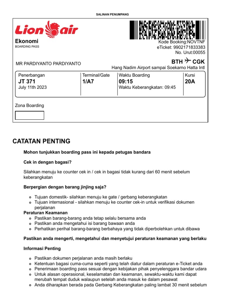 Contoh Boarding Pass | PDF