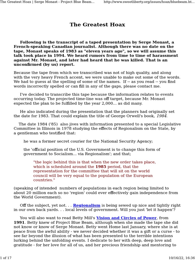 The Greatest Hoax Serge Monast - Project Blue Beam Transcript | PDF ...