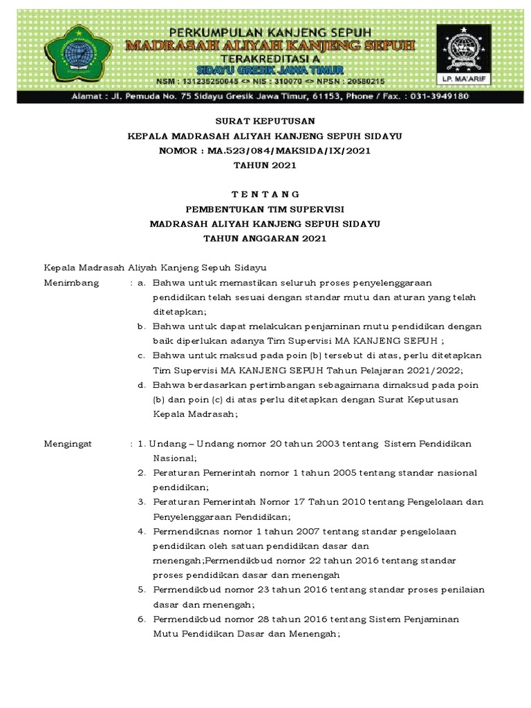 Pembentukan Tim Supervisi MA 2021 | PDF