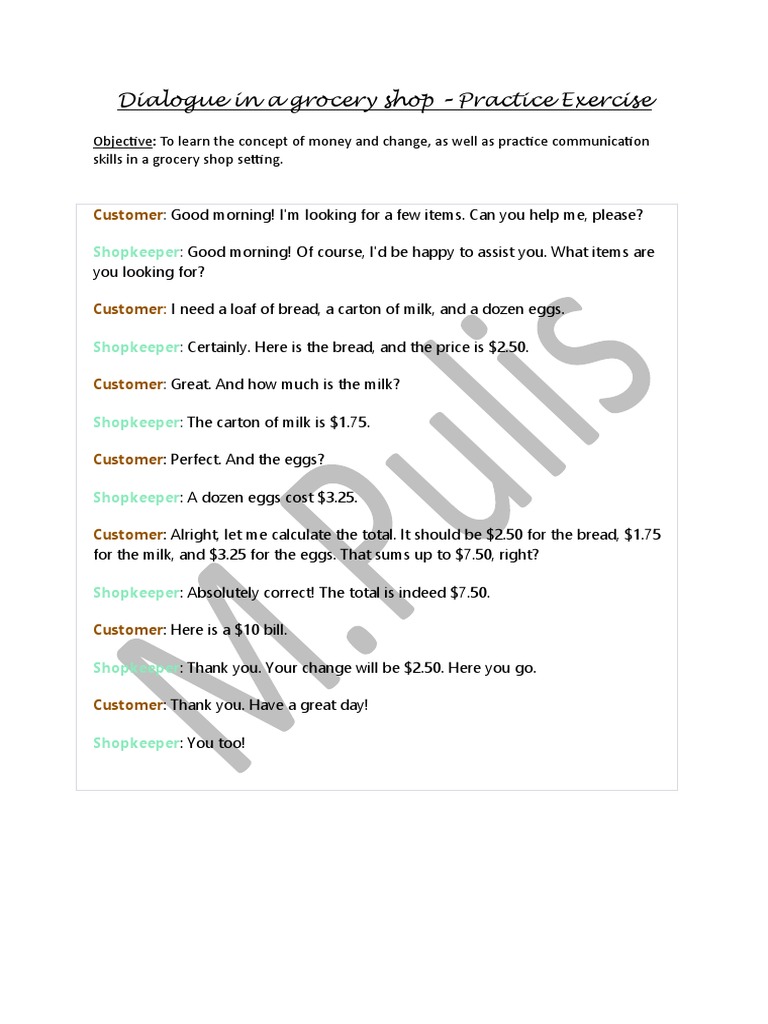 Dialogue in A Grocery Shop - Handout | PDF | Career & Growth | Cooking ...
