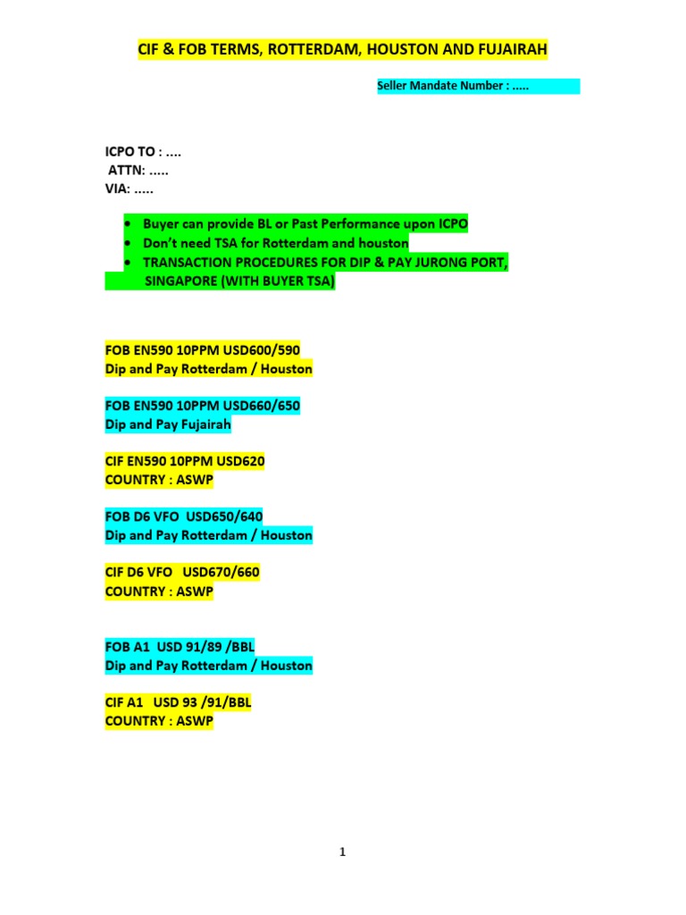 Icpo-En590 D6 A1 Cif Fob Rotterdam Houston Fujairah | PDF | Business ...