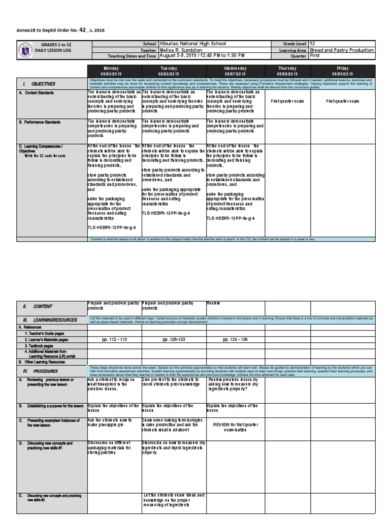 LP Bread and Pastry (August 5-9, 2019) | PDF | Learning | Curriculum