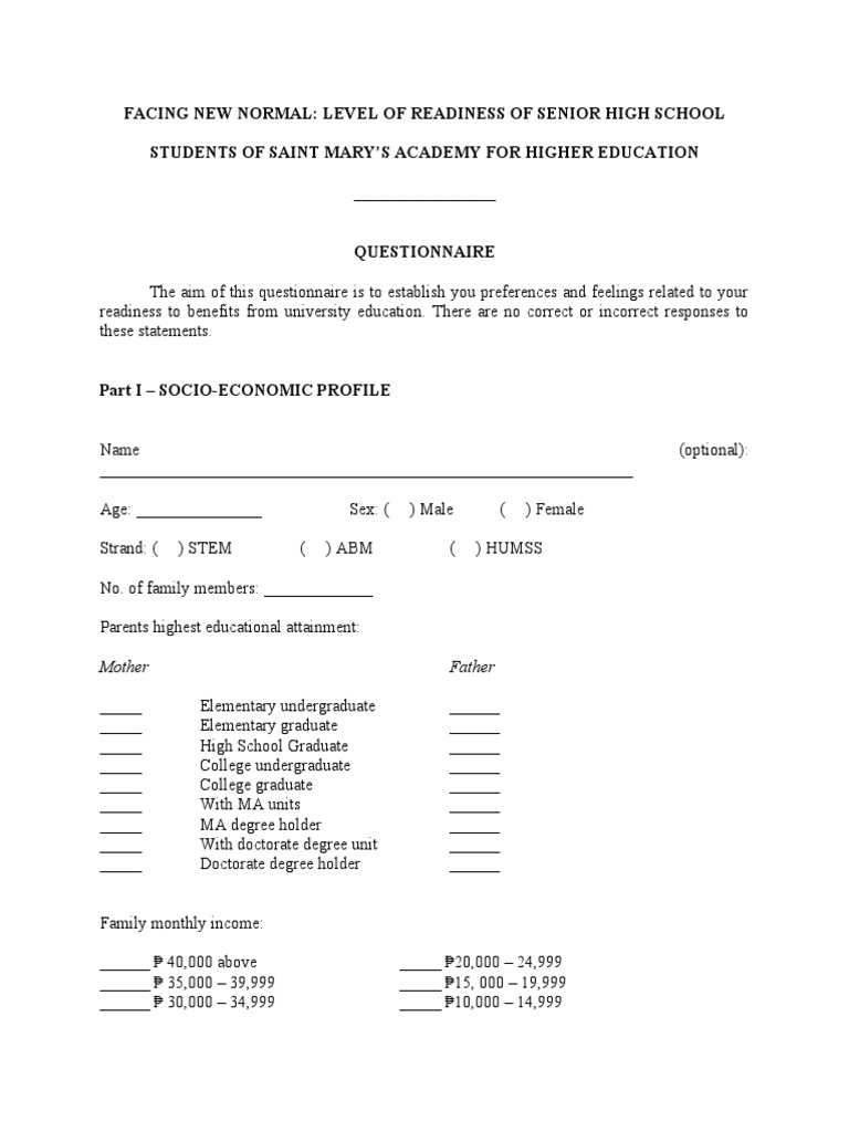Survery Questionnaire | PDF | Psychology | Behavioural Sciences