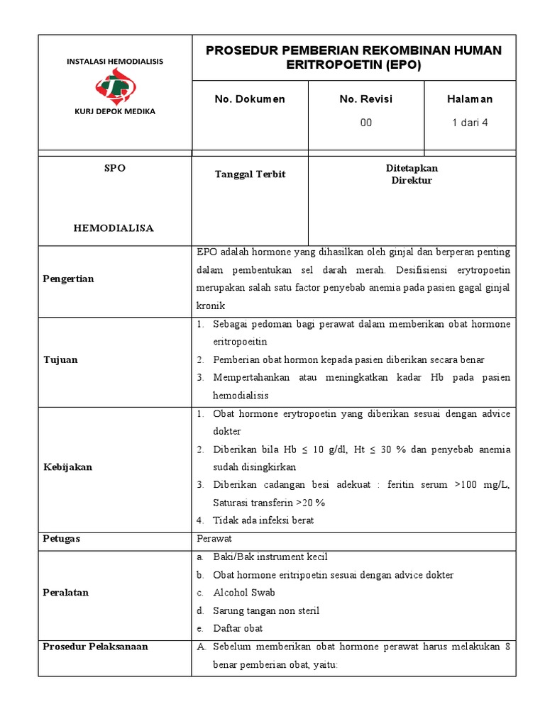 Prosedur Pemberian Eritropoietin EPO | PDF