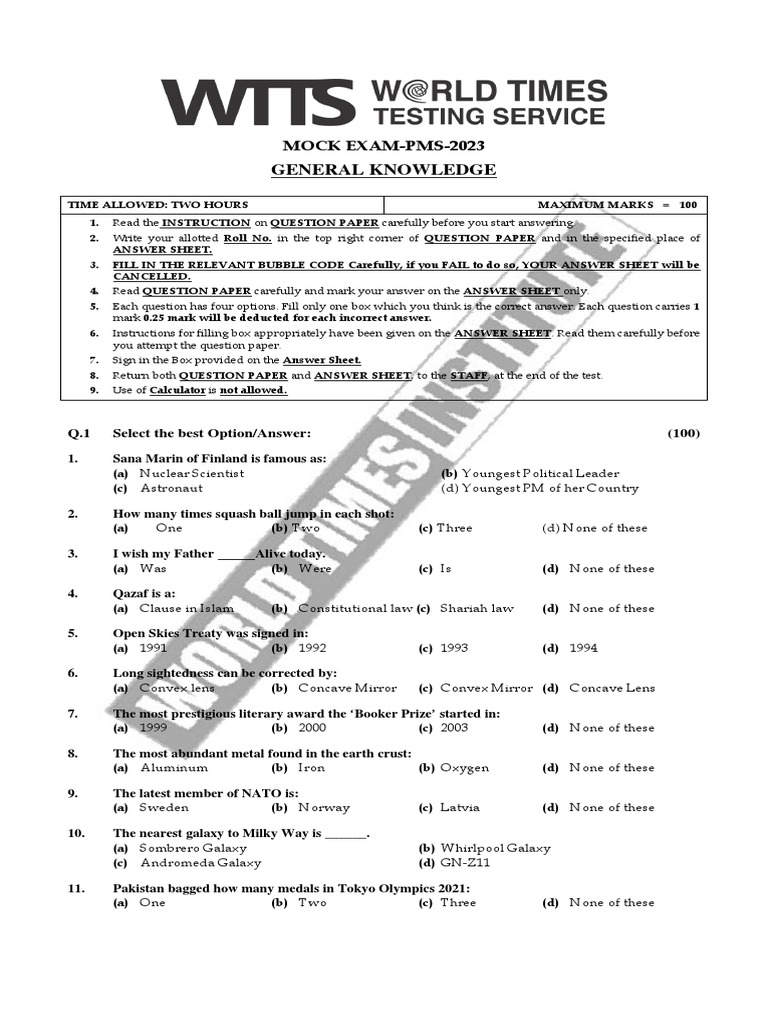 Pms Gk Paper Mock Pdf