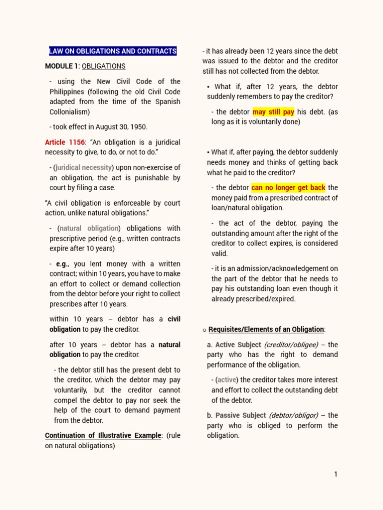 ObliCon (Module 1) | PDF | Law Of Obligations | Damages