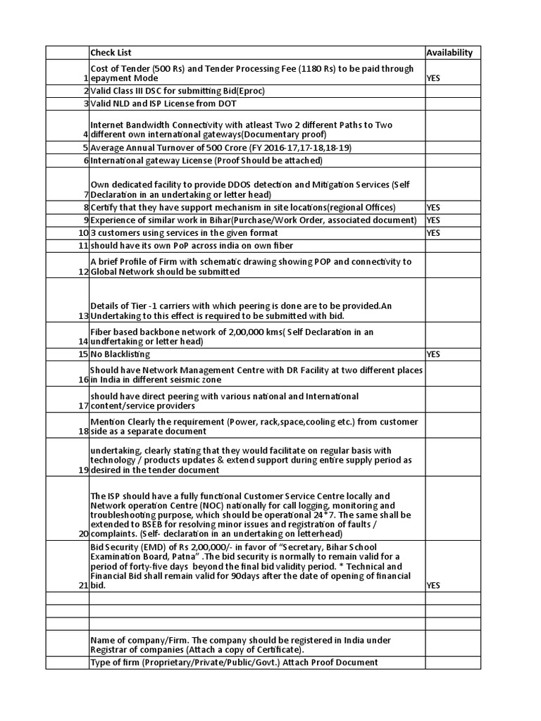 CheckList Document BSEB ILL Tender | PDF | Internet | I Pv6