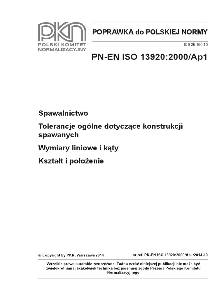 PN EN ISO 13920 - 2000 - Ap1 - 2014 10P | PDF