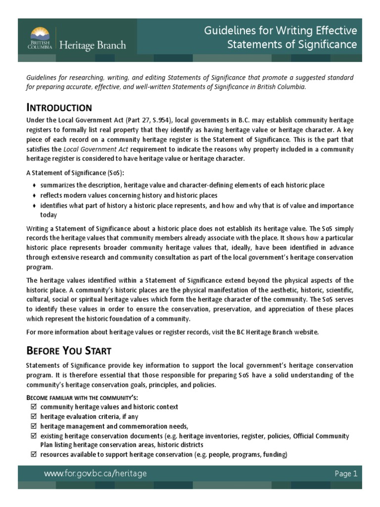 Guidelines For Writing Statements of Significance | PDF | Historic ...