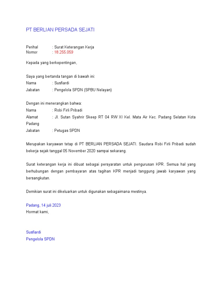 Surat Keterangan Kerja Untuk Pengajuan KPR | PDF