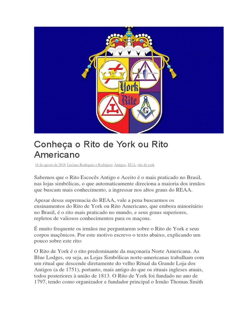 Introdução ao Rito de York Maçônico | PDF | Loja Maçônica | Fraternidades