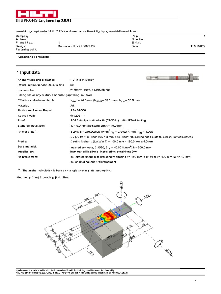 1 Input Data: Hilti PROFIS Engineering 3.0.81 | PDF | Deformation ...