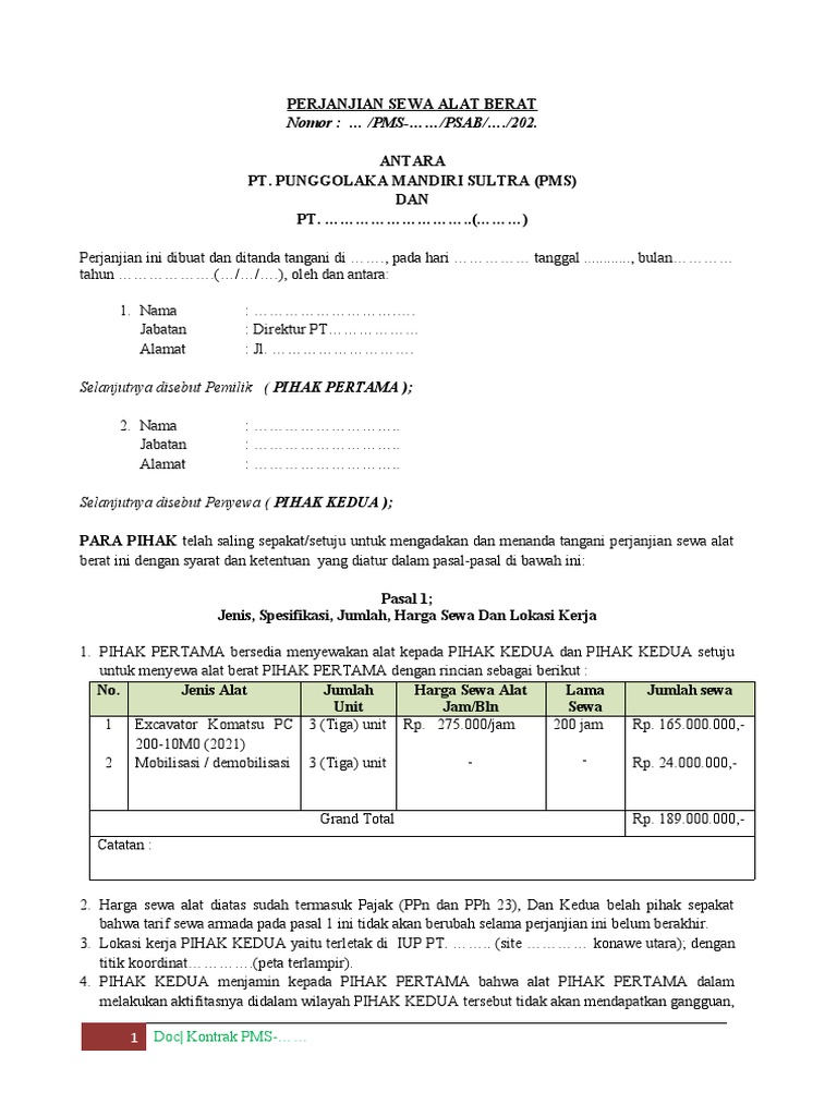Perjanjian Sewa Pakai Alat PMS - Ubp | PDF