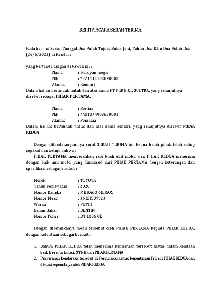 Berita Acara Serah Terima Mobil | PDF