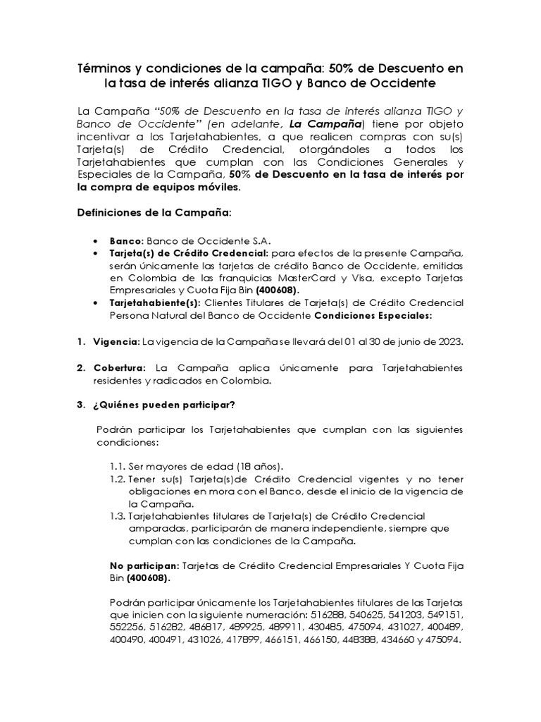 T Rminos y Condiciones 50 - Descuento Intereses Banco de Occidente | PDF | Bancos | Privacidad ...