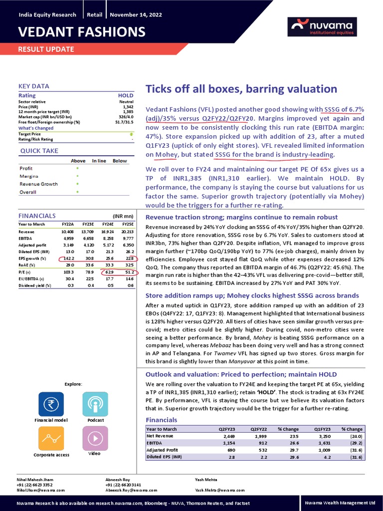 Vedant Fashions Q2FY23 Nuvama | PDF | Securities (Finance) | Financial Analyst