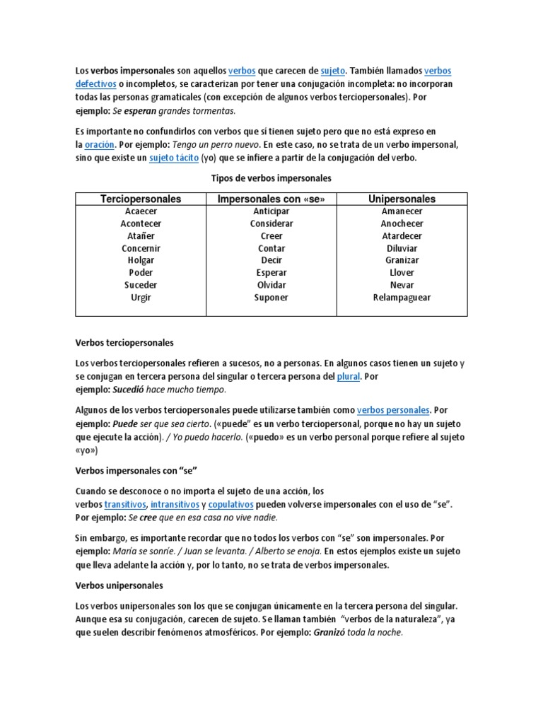 Los Verbos en Forma Impersonal | PDF | Verbo | Asunto (gramática)