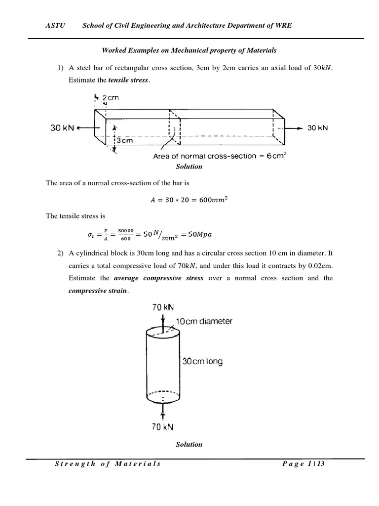 Worked Examples On Mechanical Property of Materials | PDF | Strength Of Materials | Stress ...