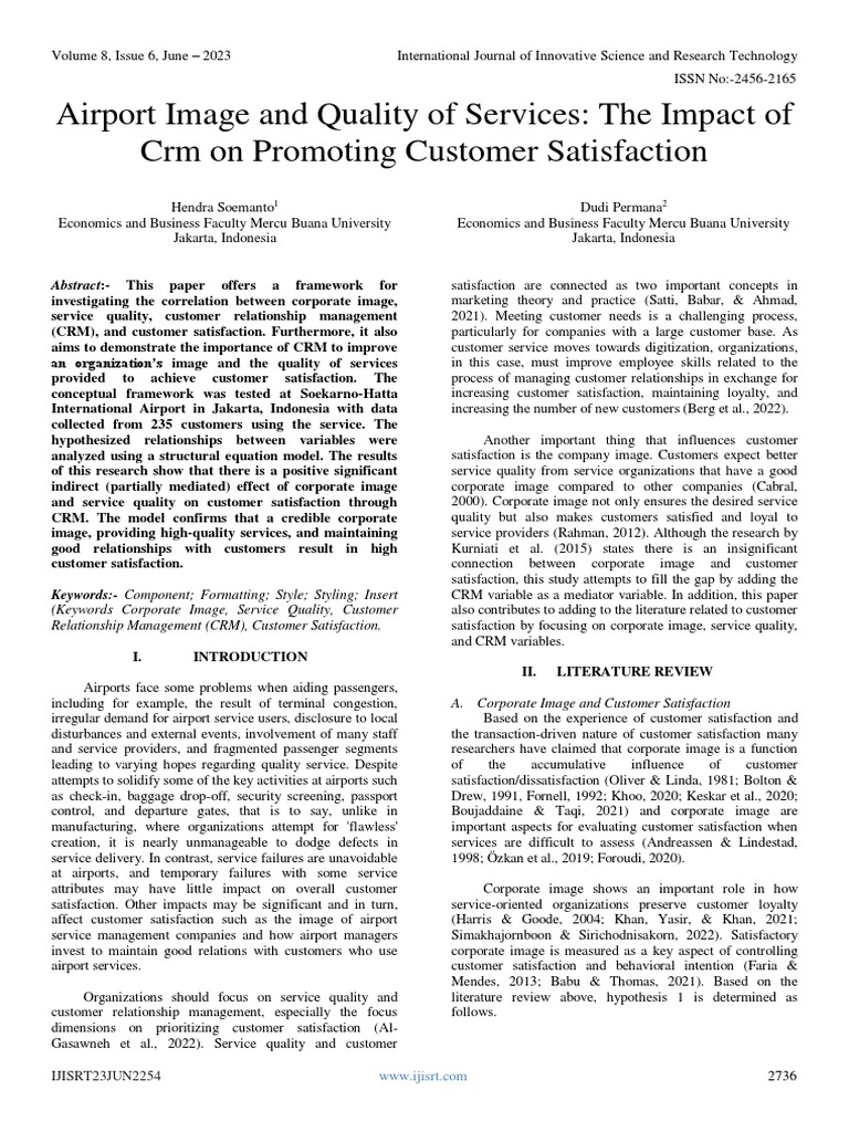Airport Image and Quality of Services: The Impact of CRM On Promoting Customer Satisfaction ...