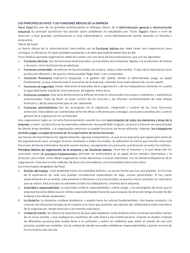 Funciones y Principios de Fayol en Empresas | PDF | Planificación