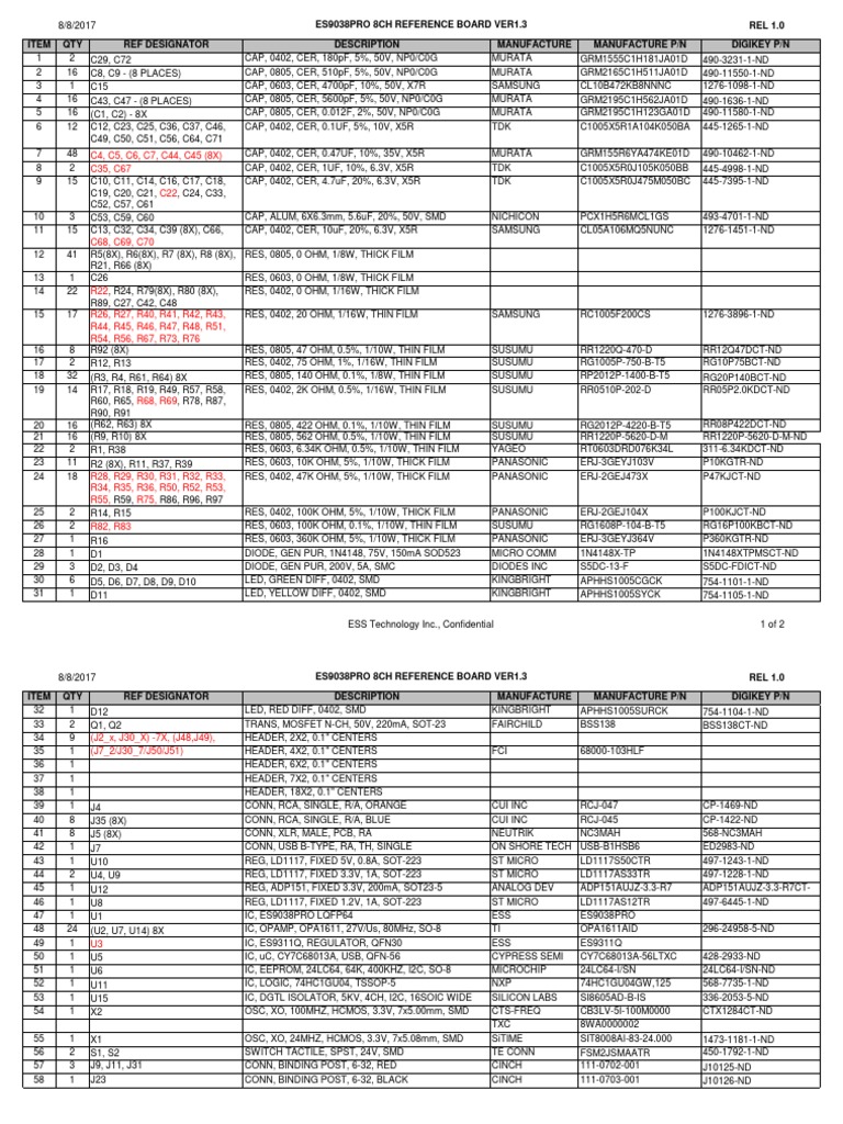 ES9038PRO 8CH Reference Board Parts List | PDF | Electric Rail Transport