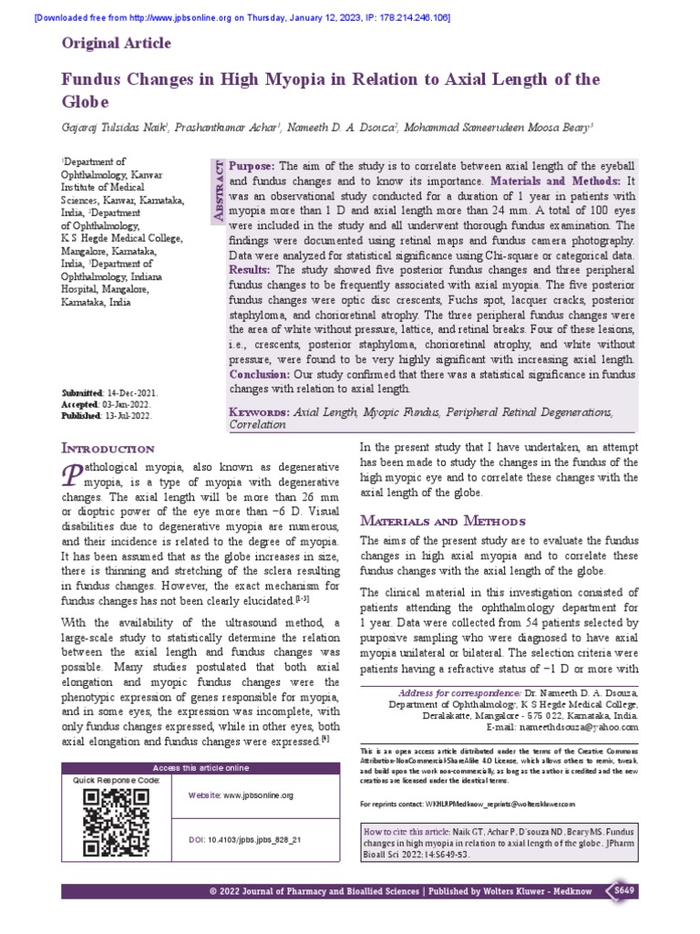Fundus Changes in High Myopia in Relation To Axial | PDF | Eye | Light
