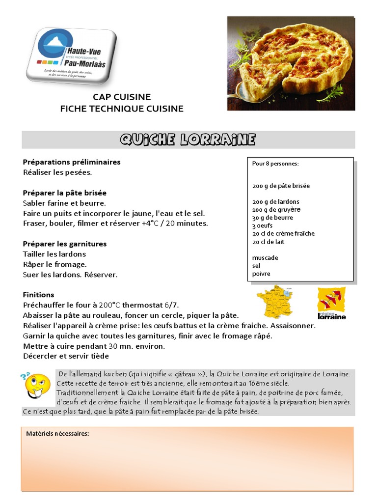 Fiche technique de la quiche lorraine | PDF