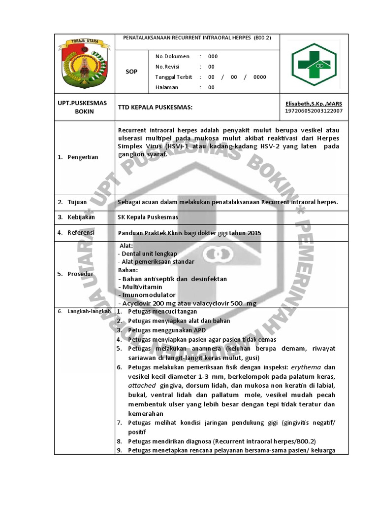 Sop Penatalaksanaan Recurrent Intraoral Herpes | PDF