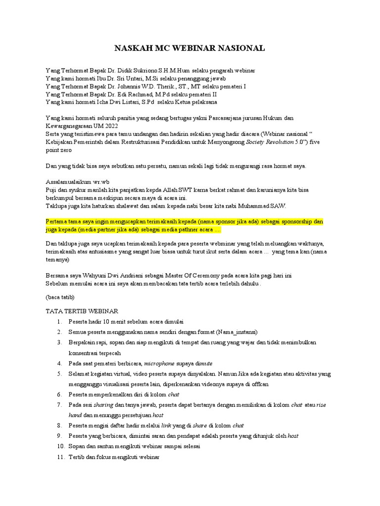 Naskah MC Webinar Nasional | PDF