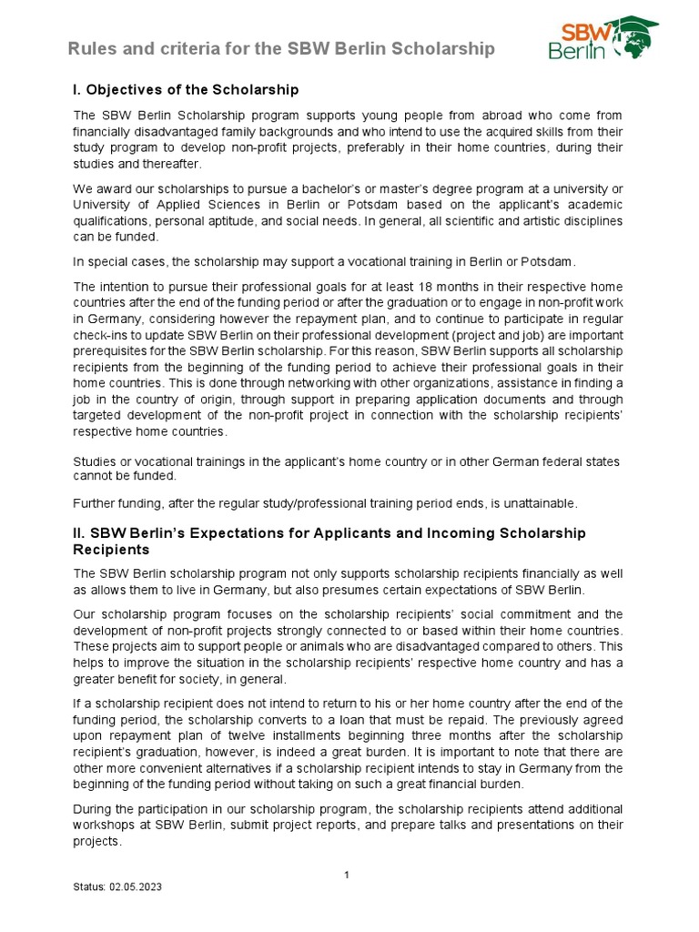 SBW Berlin Scholarship Requirements | PDF | Cost Of Living | Academic Degree
