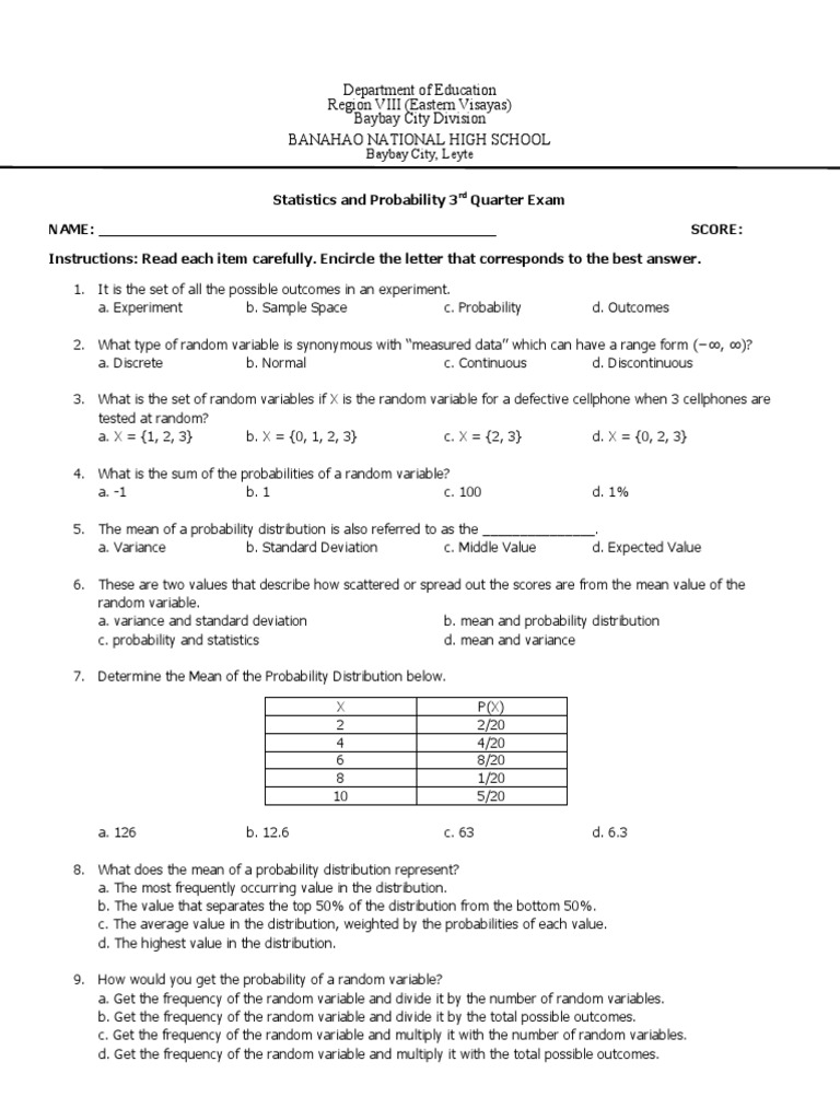 Statistics & Probability Exam | PDF | Sampling (Statistics) | Variance