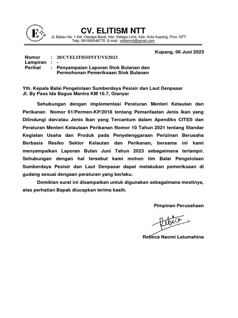 Laporan Stok Sirip Hiu Appendik Cites Ii CV Elitism NTT Juni 2023 | PDF