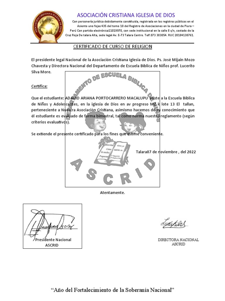 Asociación Cristiana Iglesia de Dios: C E R T Ific A D O D Ec U R S O D E R E L I G I O N | PDF ...