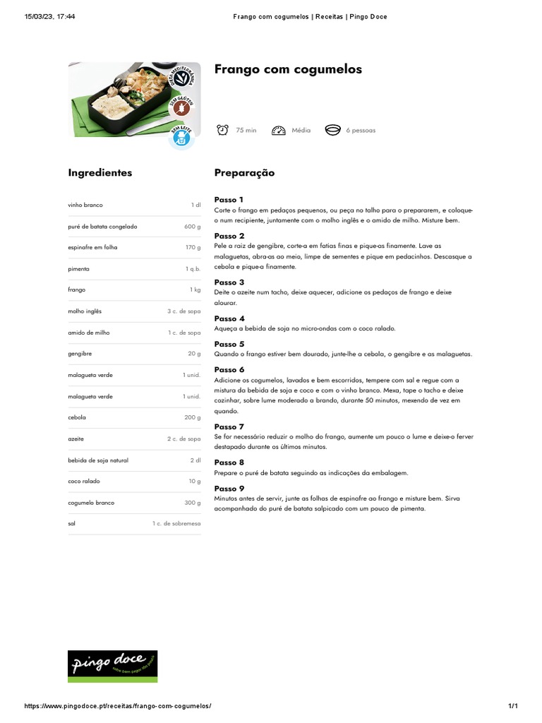 Frango Com Cogumelos - Receitas - Pingo Doce | PDF | Alimentos ...