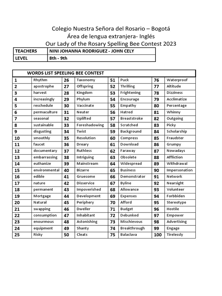 Spelling Bee Word List for Grades 8-9 | PDF
