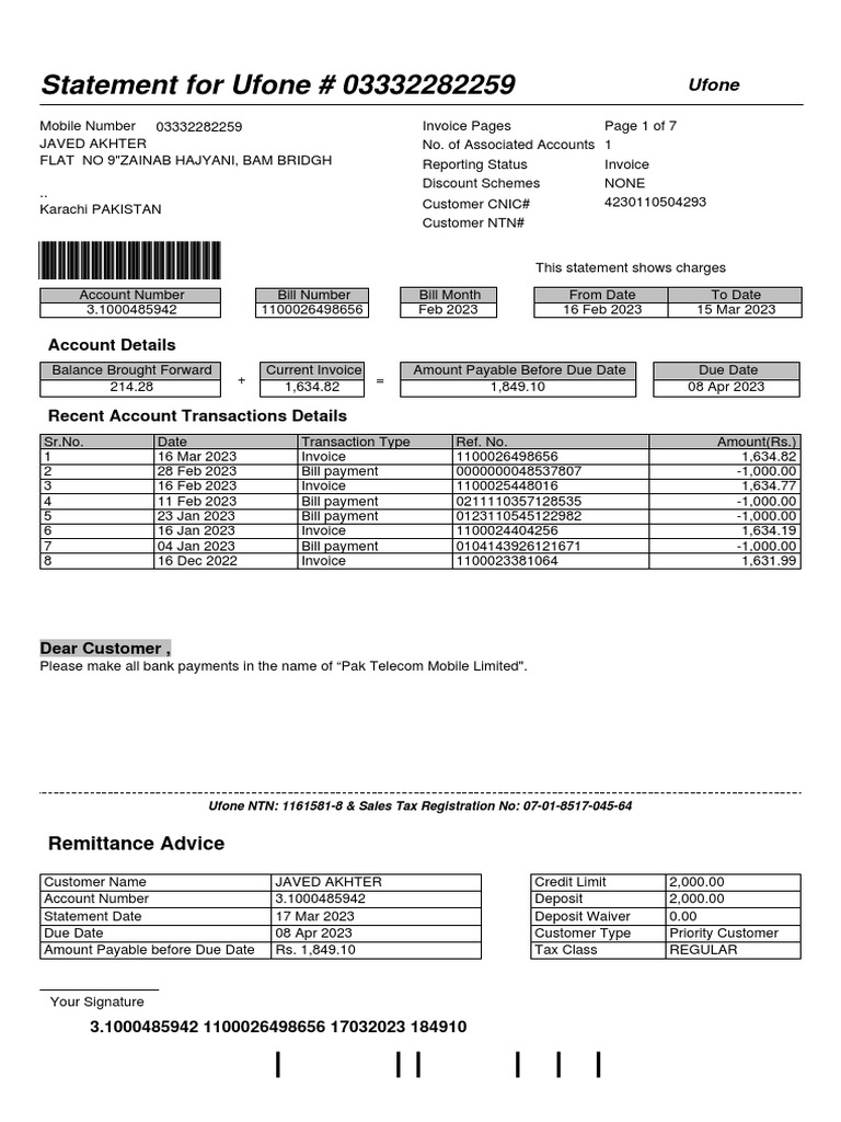 Statement For Ufone # 03332282259: Account Details | PDF | Invoice ...