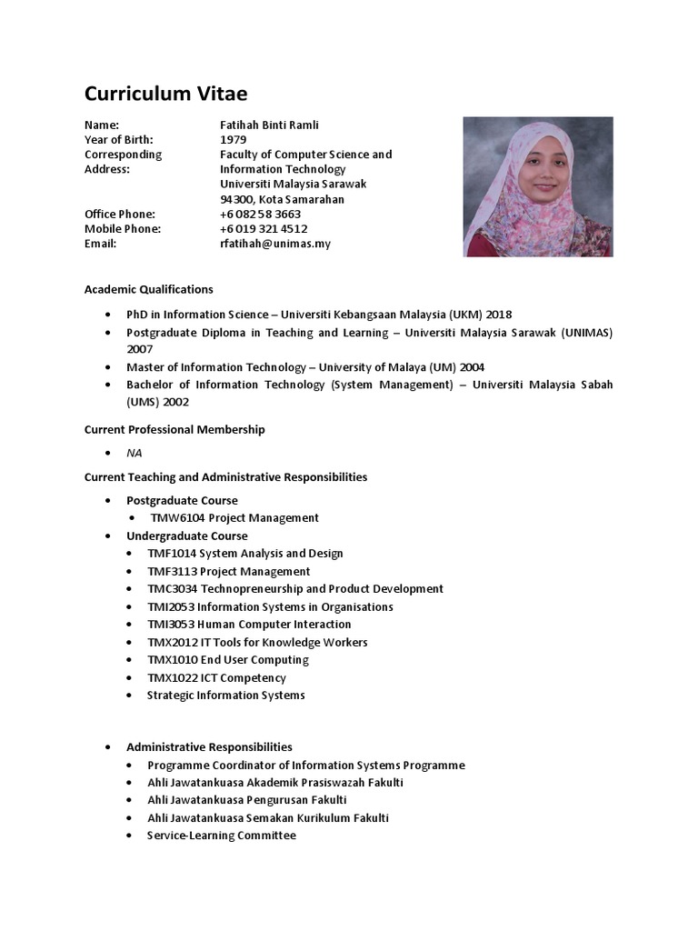 Fatihah Ramli's Academic CV Summary | PDF | Service Learning | Information Technology